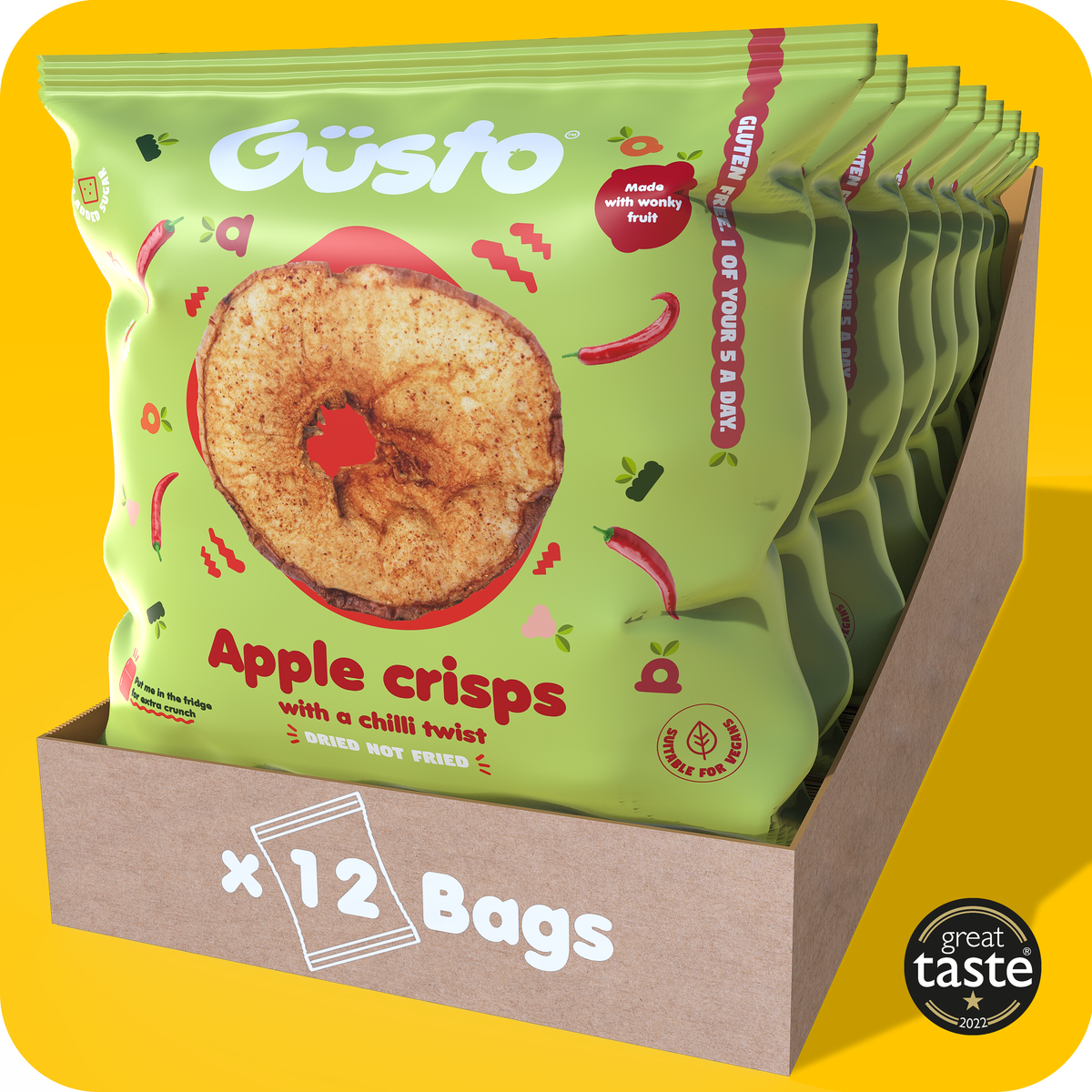 Apple crisps with a chilli twist. 12x20g – Gusto snacks