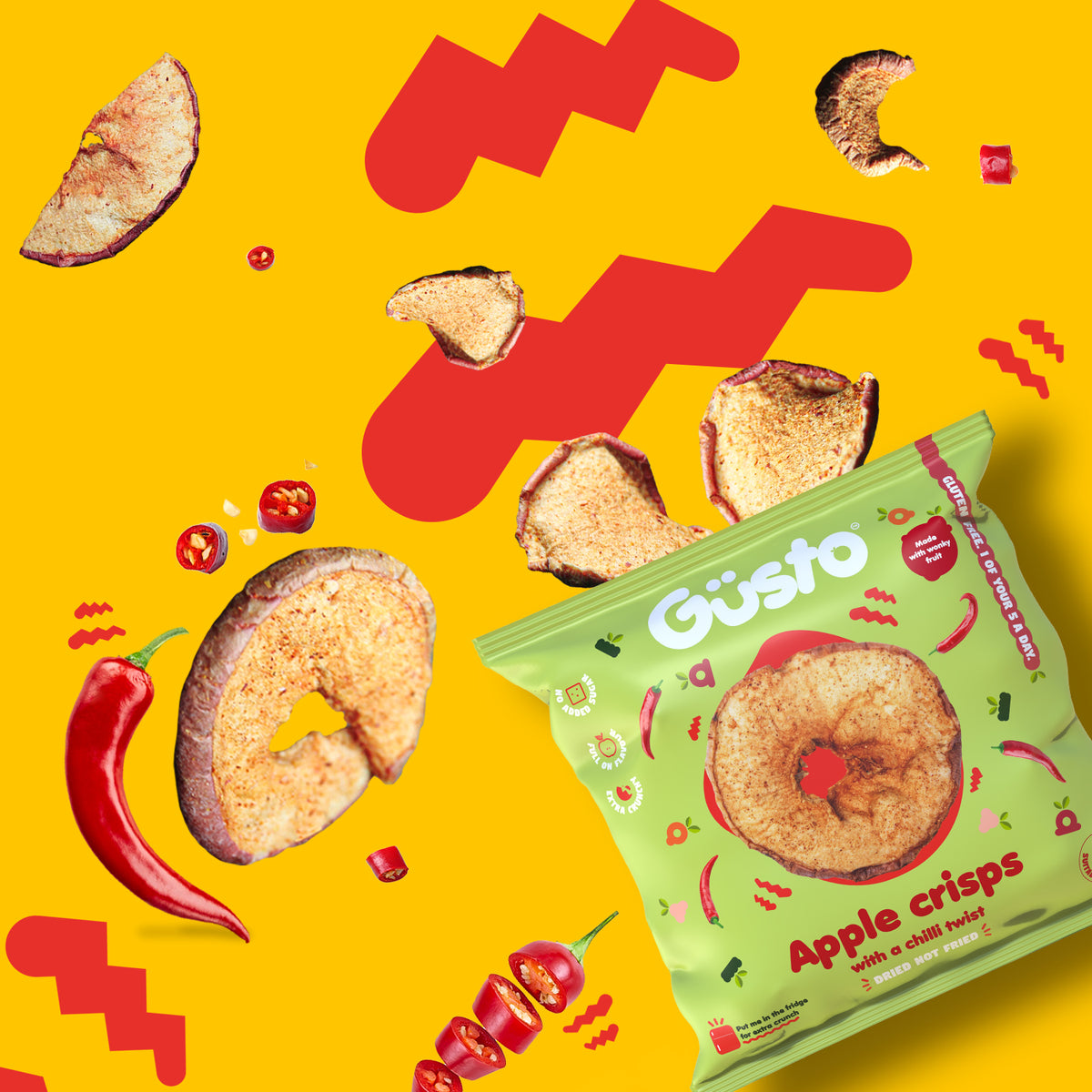 Apple crisps with a chilli twist. 12x20g – Gusto snacks