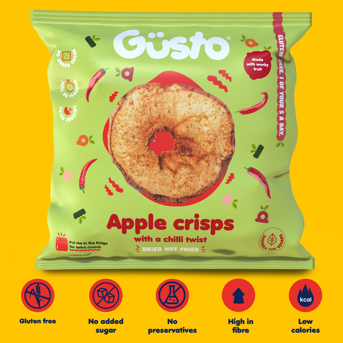 Apple crisps with a chilli twist. 12x20g – Gusto snacks